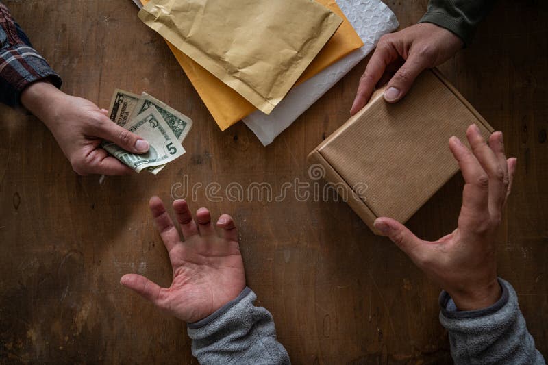 Drop Shipping Concept - Hands Exchanging Money and Product Stock Photo ...