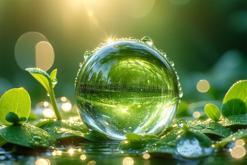 Drop in Splashes Reflection. Big Round Drop on Leaves Stock ...