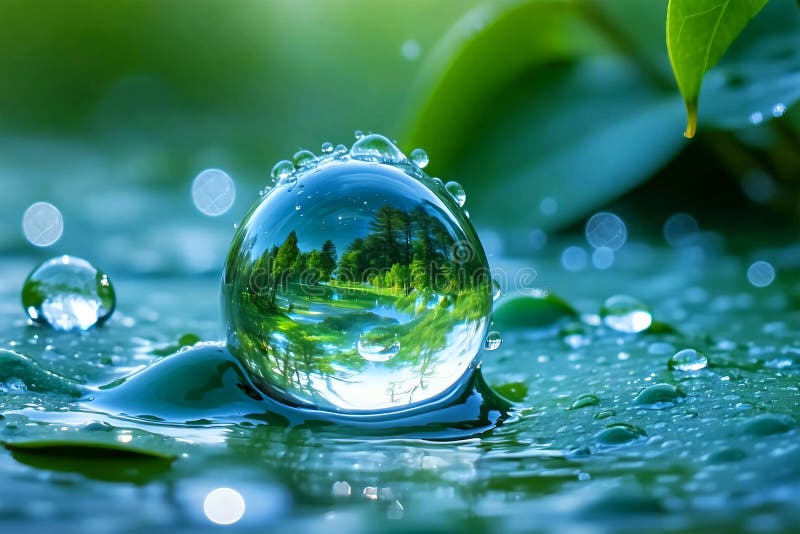 Drop in Splashes Reflection. Big Round Drop on Leaves Stock ...