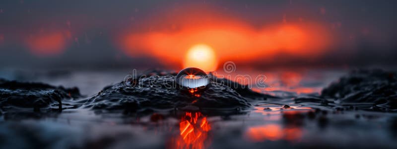 A Drop of Water Atop a Submerged Rock, Lake Backdrop Shaping into ...