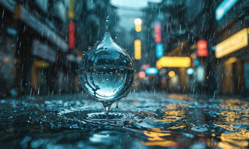 A Drop of Water is Falling into a Glassy Surface, with a Cityscape in ...