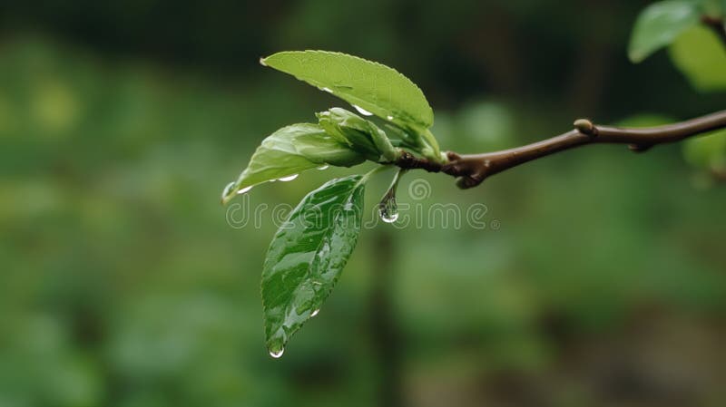 A Drop of Water Falls on a Green Tree Bud Stock Illustration ...