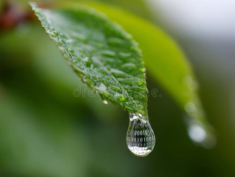 A Drop of Water on a Green Leaf with Binary Code on it Stock Image ...
