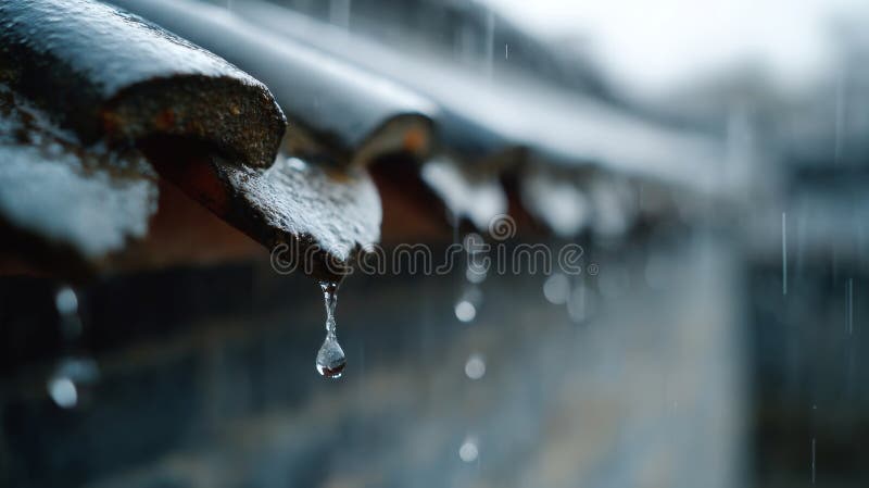 A Drop of Water is Hanging from the Roof of a House Stock Photo - Image ...