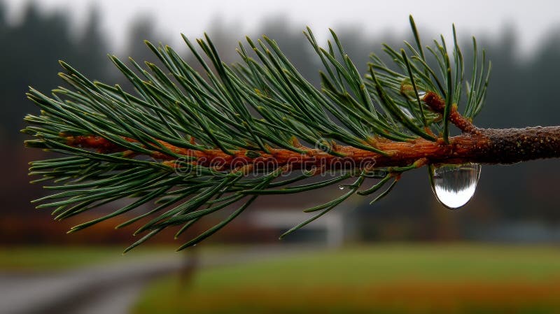 A Drop of Water on a Pine Tree Branch Stock Photo - Image of gloomy ...