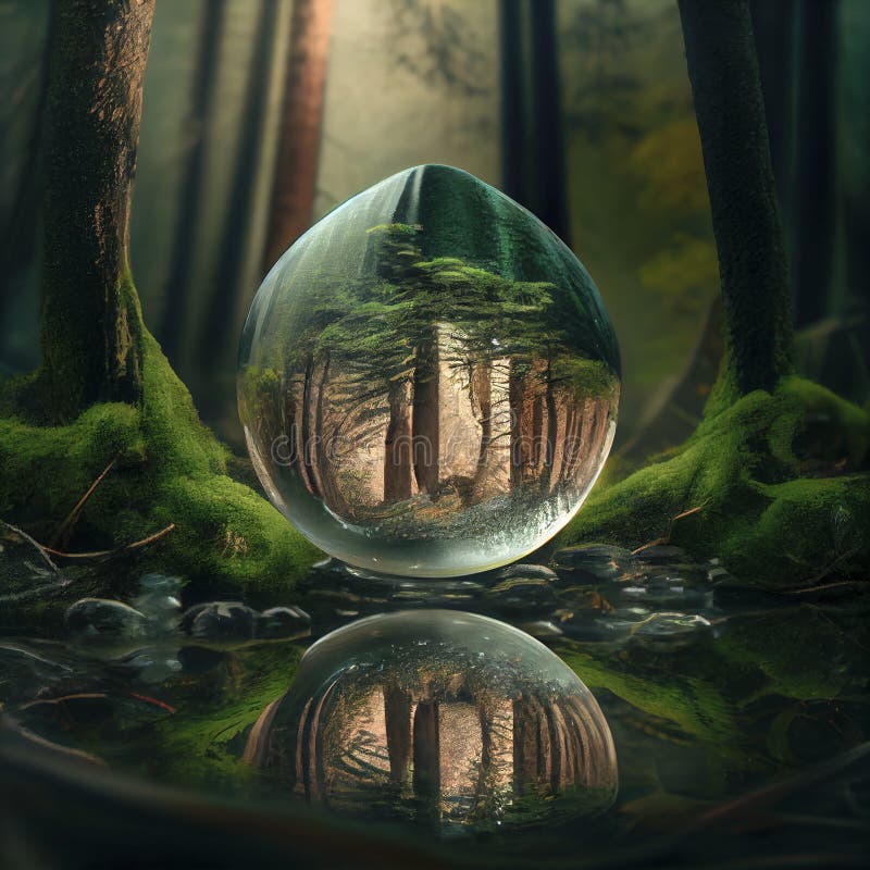 AI Generated. a Drop of Water Reflecting a Forest and a River. Clean ...