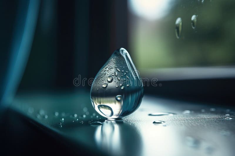 A Drop of Water Sitting on Top of a Table Next To a Window Stock ...