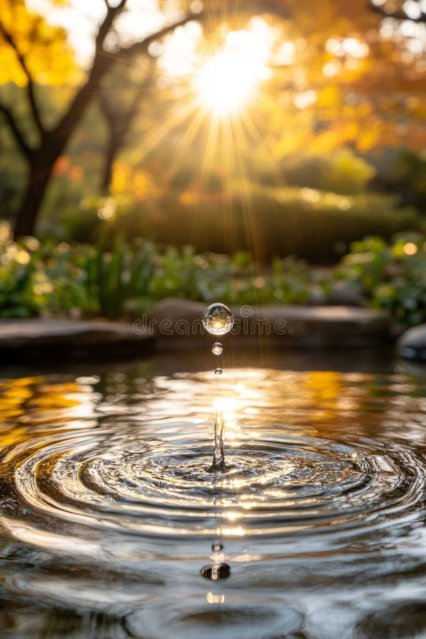 Drop of Water with the Sun Reflecting Drips into a Pond Stock Image ...