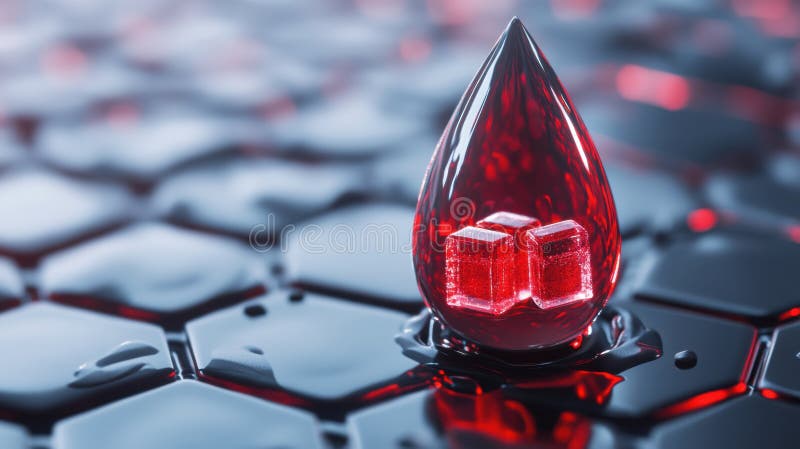 A Droplet of Blood Encapsulates Two Red Cubes on a Hexagonal Black ...