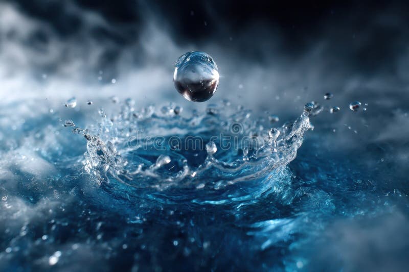 Water Droplet Creates Splash in Deep Blue Water, Showcasing Dynamic ...