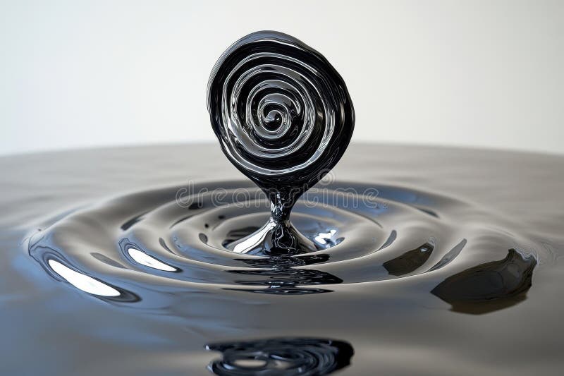 Curved Water Droplet Creating Concentric Ripples in a Dark Reflective ...