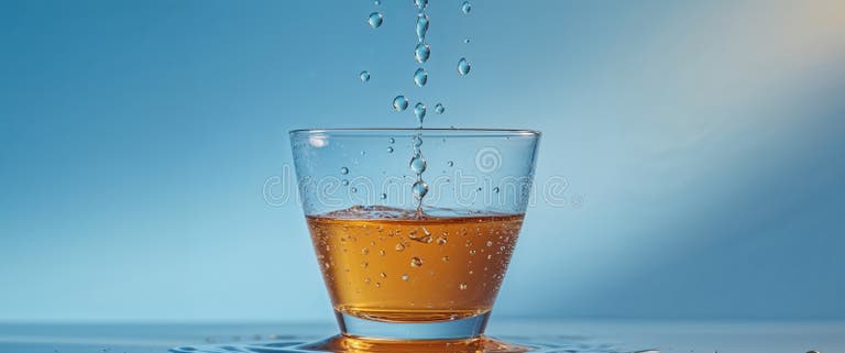 Droplets Falling into Glass of Amber Liquid with Blue Backdrop Stock ...