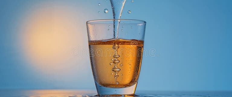 Droplets Falling into Glass of Amber Liquid with Blue Backdrop. Stock ...