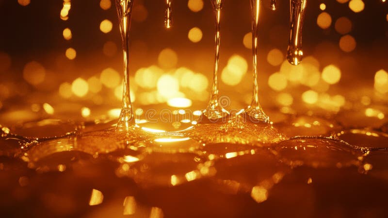Golden Droplets Cascading Over a Vibrant, Illuminated Surface ...
