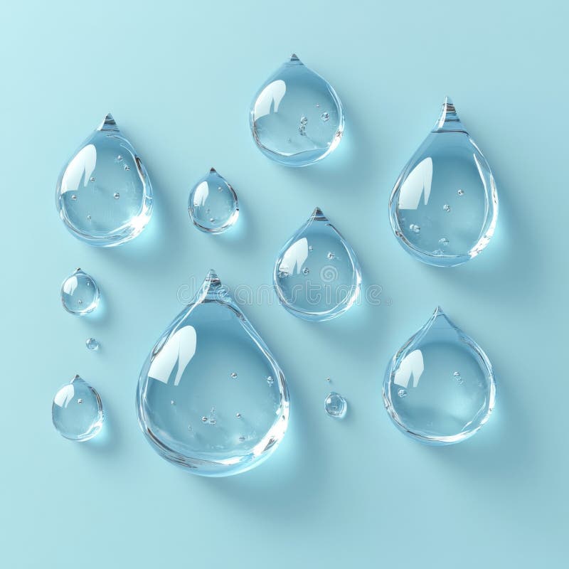 Colorful Droplets of Water in Various Shapes Resting on a Light Blue ...