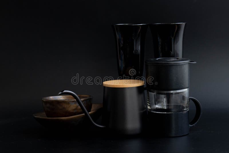 Dropping Coffee Set on Black Background Stock Image - Image of fresh ...
