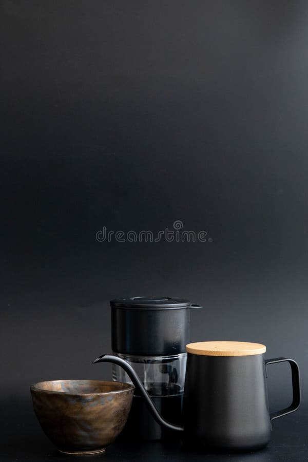 Dropping Coffee Set on Black Background Stock Photo - Image of aroma ...