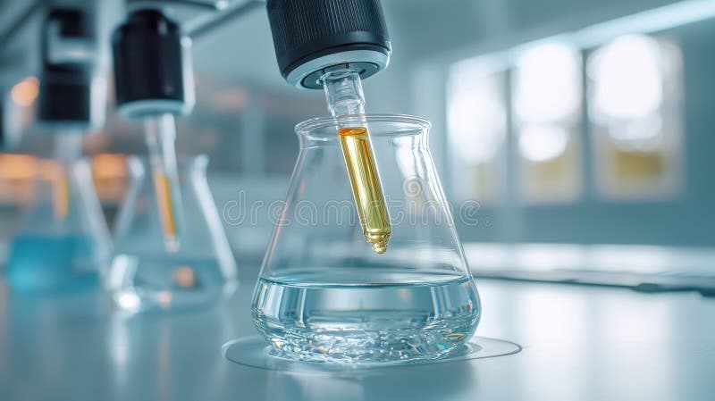 Dropping Yellow Liquid into a Flask in a Lab Setting Stock Illustration ...