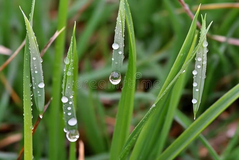 Drops of Dew on a Green Grass. Neural Network AI Generated Stock ...
