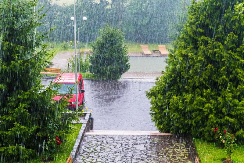 Drops of Very Heavy Rainfall Fall on Asphalt and Trees Near the Hotel ...
