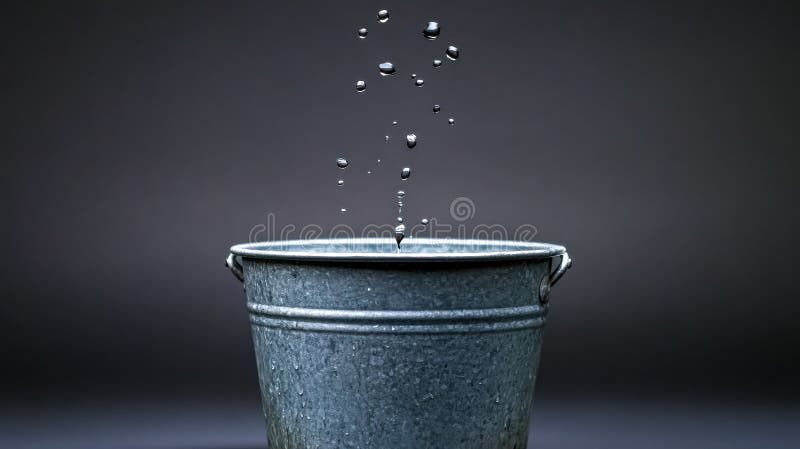 Drops of Water Falling into a Metal Bucket on a Dark Background Stock ...