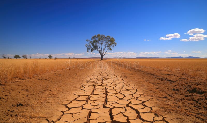 Drought-affected Landscape with Cracked Earth and Solitary Tree Under ...