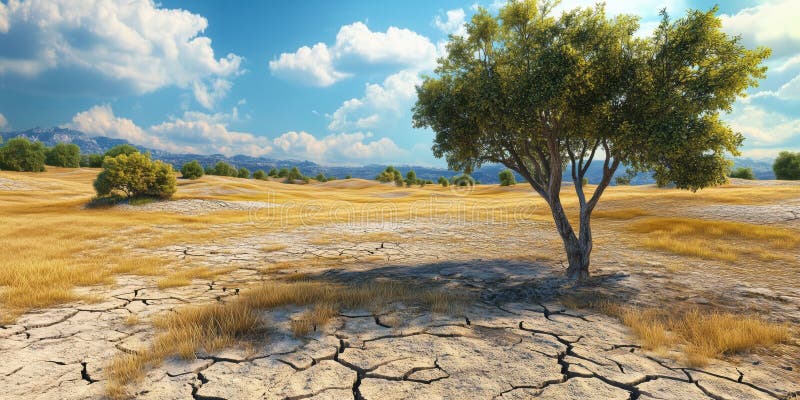 Drought-affected Landscape with Cracked Earth, Sparse Vegetation, and ...