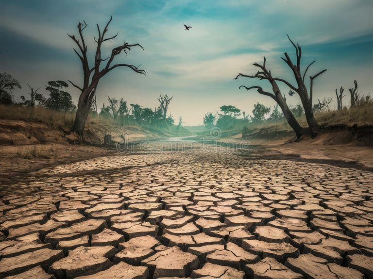 Drought-Affected Landscape with Parched Earth and Bare Trees Stock ...