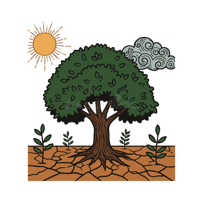 Drought Affected Tree with Cracked Dry Soil Sun and Cloud Vector ...