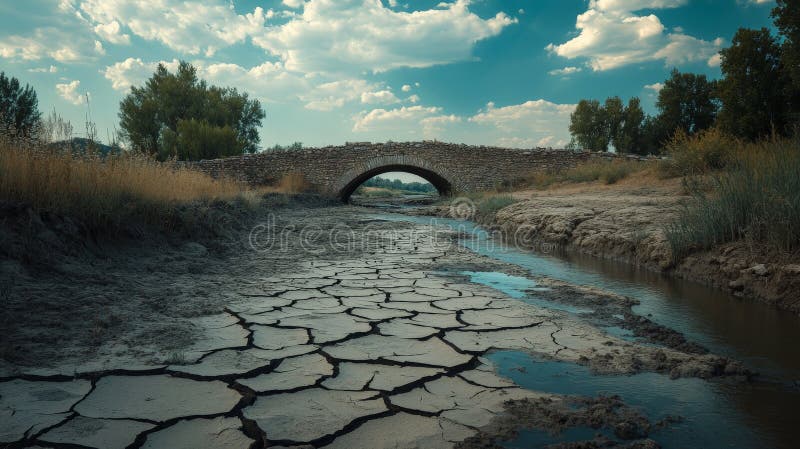 Drought Impact: Dry Riverbed and Cracked Earth Under Historic Stone ...