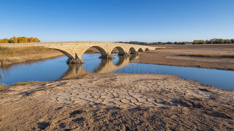 Drought Impact on Stone Bridge Over River with Arid Landscape and ...