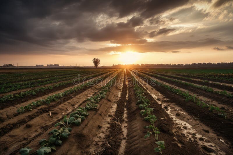 Drought-ridden Field of Crops, with the Sun Peeking through the Clouds ...