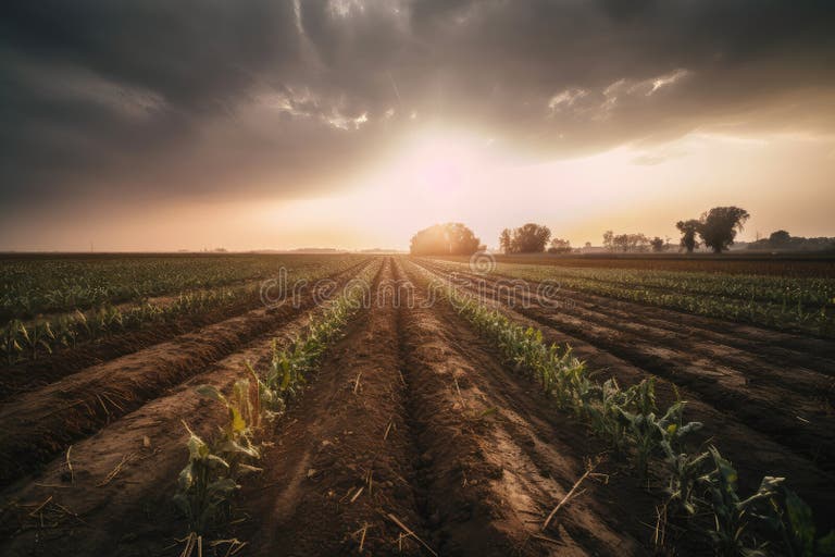 Drought-ridden Field of Crops, with the Sun Peeking through the Clouds ...