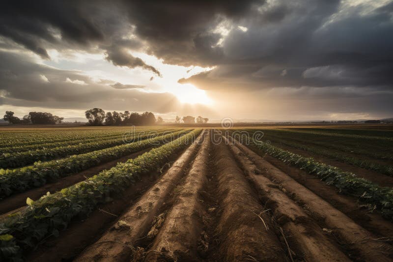 Drought-ridden Field of Crops, with the Sun Peeking through the Clouds ...