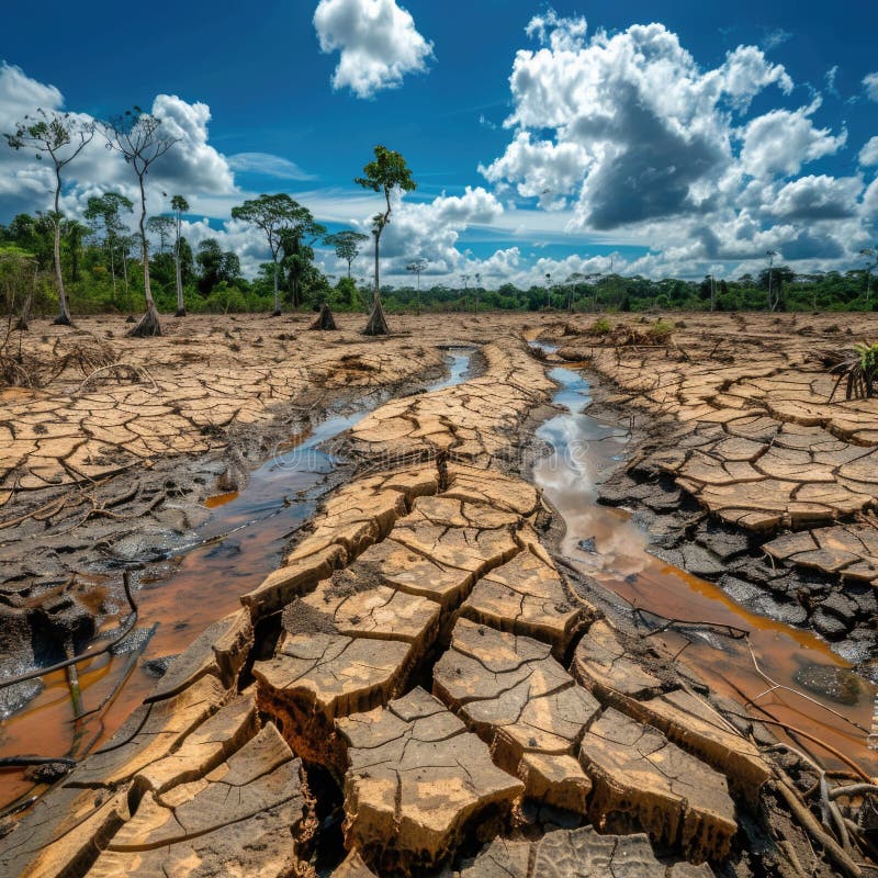 Drought-stricken Amazon Landscape with Cracked Earth and Sparse Water ...