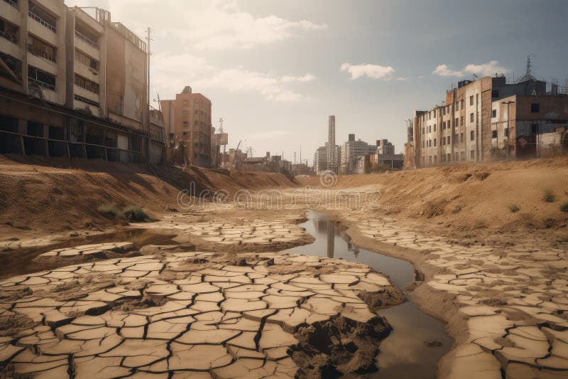 Drought-stricken City, with Dried Up River and Cracked Earth Stock ...