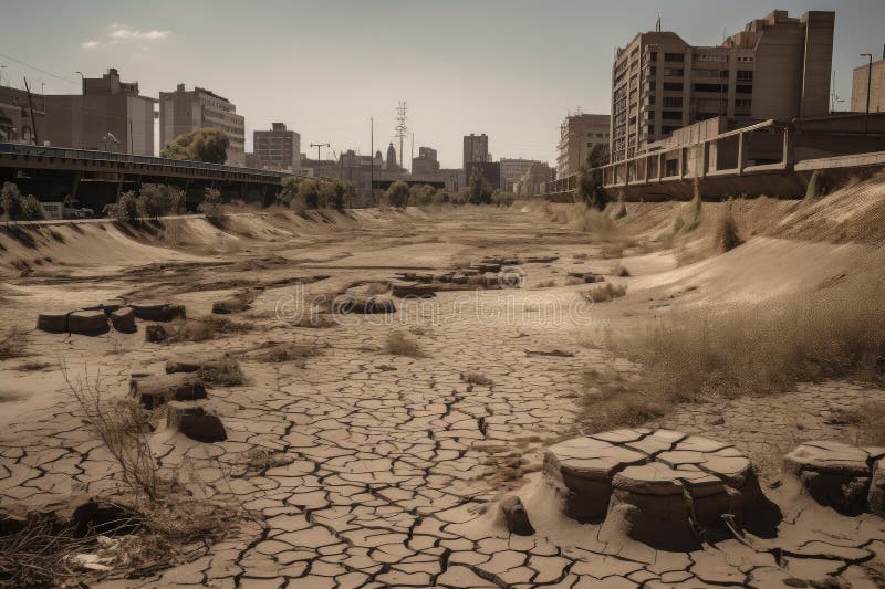 Drought-stricken City, with Dried Up River and Cracked Earth Stock ...