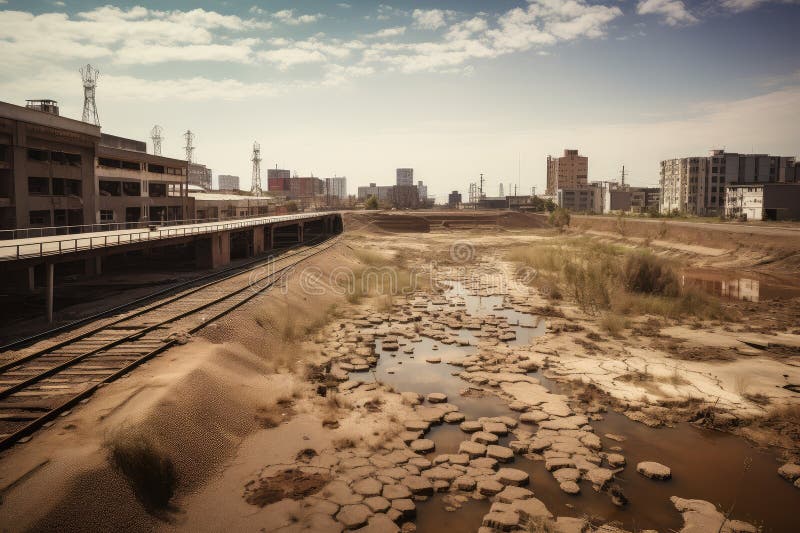 Drought-stricken City, with Dried Up River and Cracked Earth Stock ...