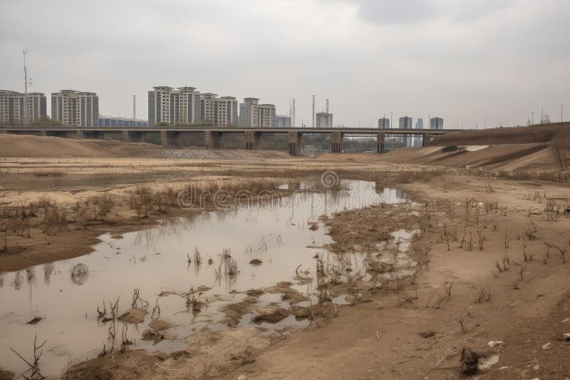 Drought-stricken City, with Dried Up River and Empty Reservoirs Stock ...