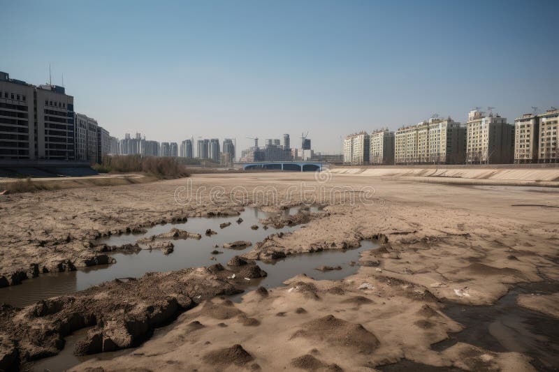 Drought-stricken City, with Dried Up River and Empty Reservoirs Stock ...