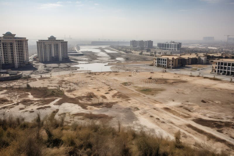 Drought-stricken City, with View of Dried-up River and Empty Reservoir ...