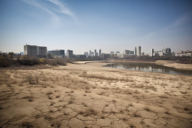 Drought-stricken City, with View of Dried-up River and Empty Reservoir ...