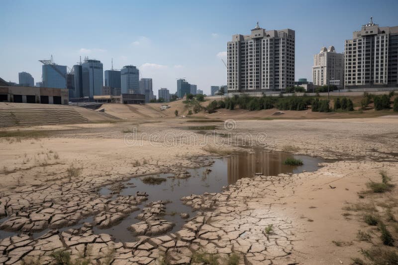 Drought-stricken City, with View of Dried-up River and Empty Reservoir ...