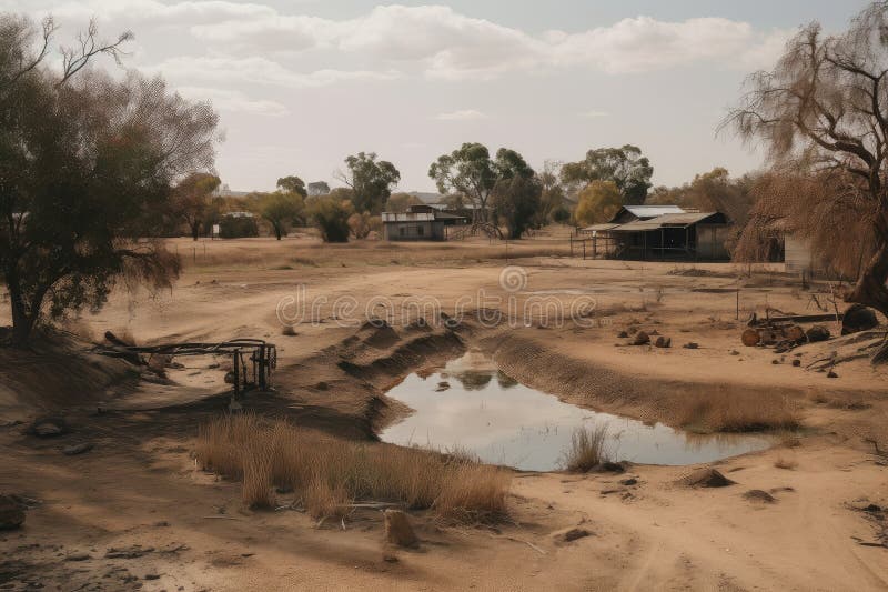 Drought-stricken Community, with Dried-up Creek and Empty Water Tank ...