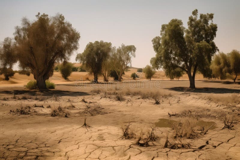 Drought-stricken Ecosystem, with Trees and Crops Wilting in the Heat ...