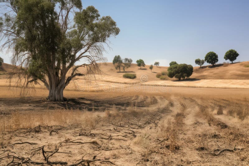 Drought-stricken Ecosystem, with Trees and Crops Wilting in the Heat ...