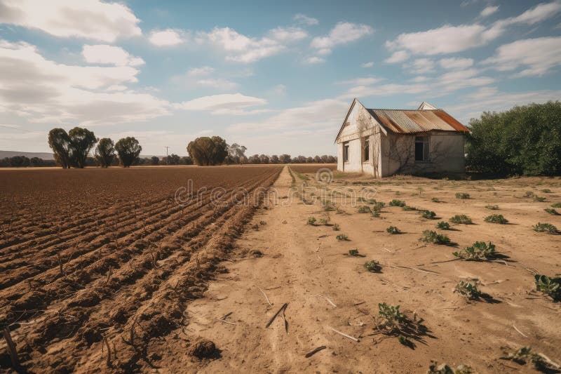 Drought-stricken Farm with Wilted Crops and Dry Fields Stock ...
