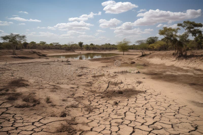 Drought-stricken Land, with Dried Up River and Cracked Earth Visible ...