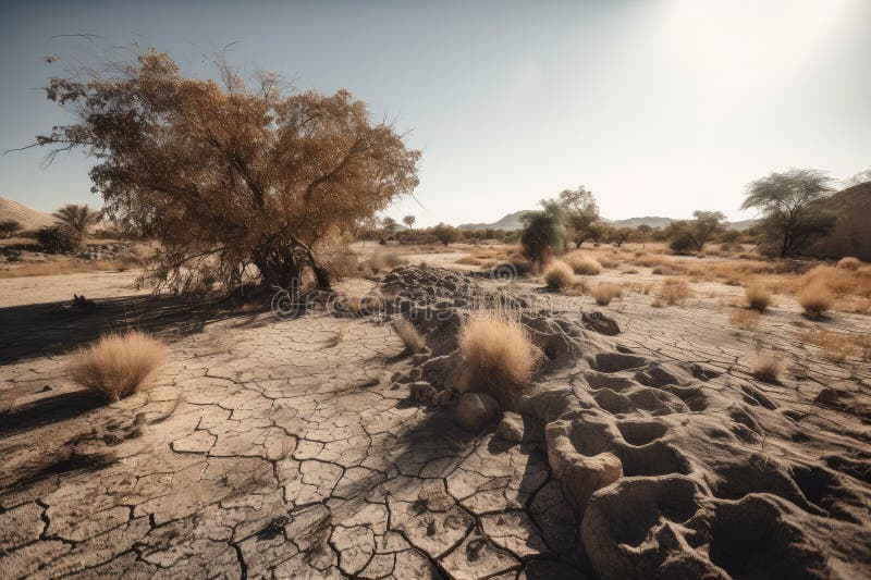Drought-stricken Landscape, with Cracked Earth and Dried Vegetation ...