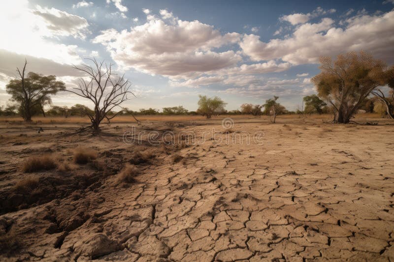 Drought-stricken Landscape, with Cracked Earth and Dried Vegetation ...